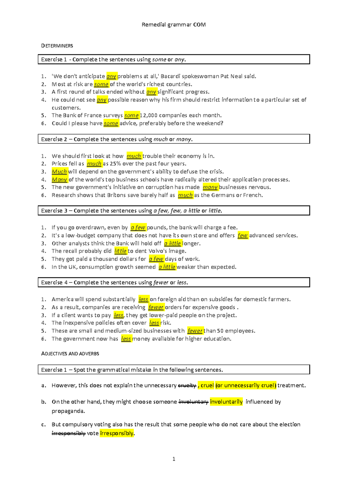 Remedial Grammar COM: Exercises on Determiners, Adjectives, and ...