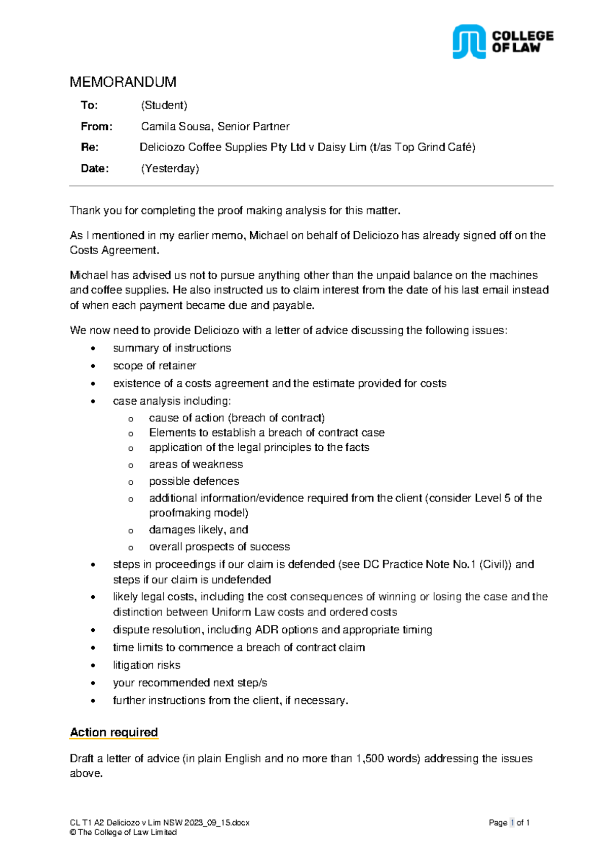 CL T1 A2 Memo: Legal Advice on Deliciozo v Lim Case (NSW) 2023 - Studocu