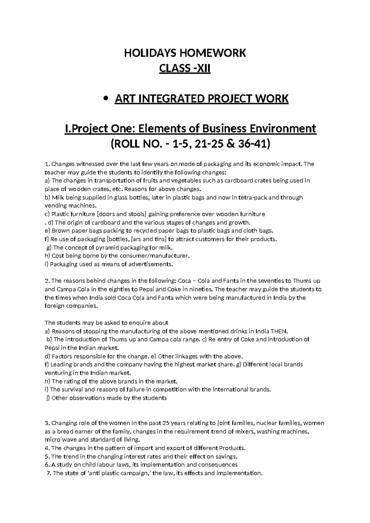 Holidays Homework Class XII: Art Integrated Project on Business ...