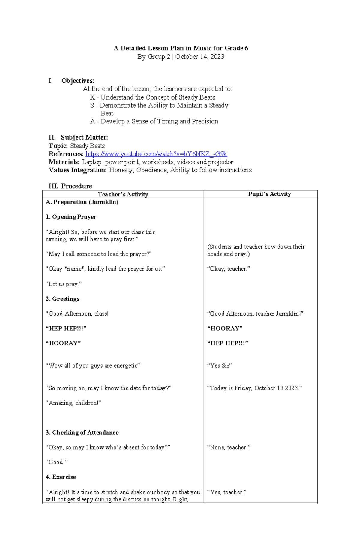 Detailed Lesson Plan: Understanding Steady Beats in Music 6 - Studocu