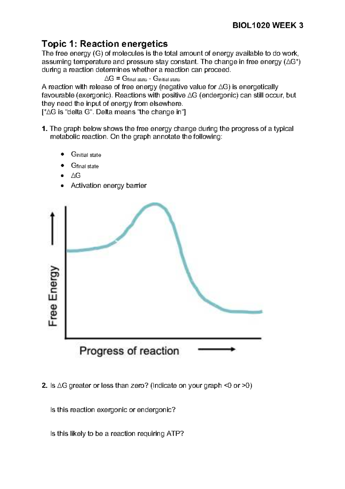 BIOL1020 WEEK 3 Tutorial: Reaction Energetics & ATP Generation Insights ...