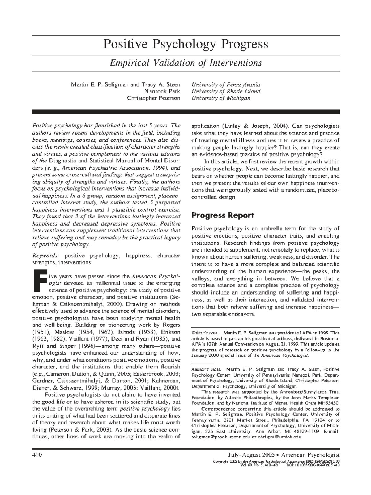 Positive Psychology Interventions: Empirical Validation and Progress ...