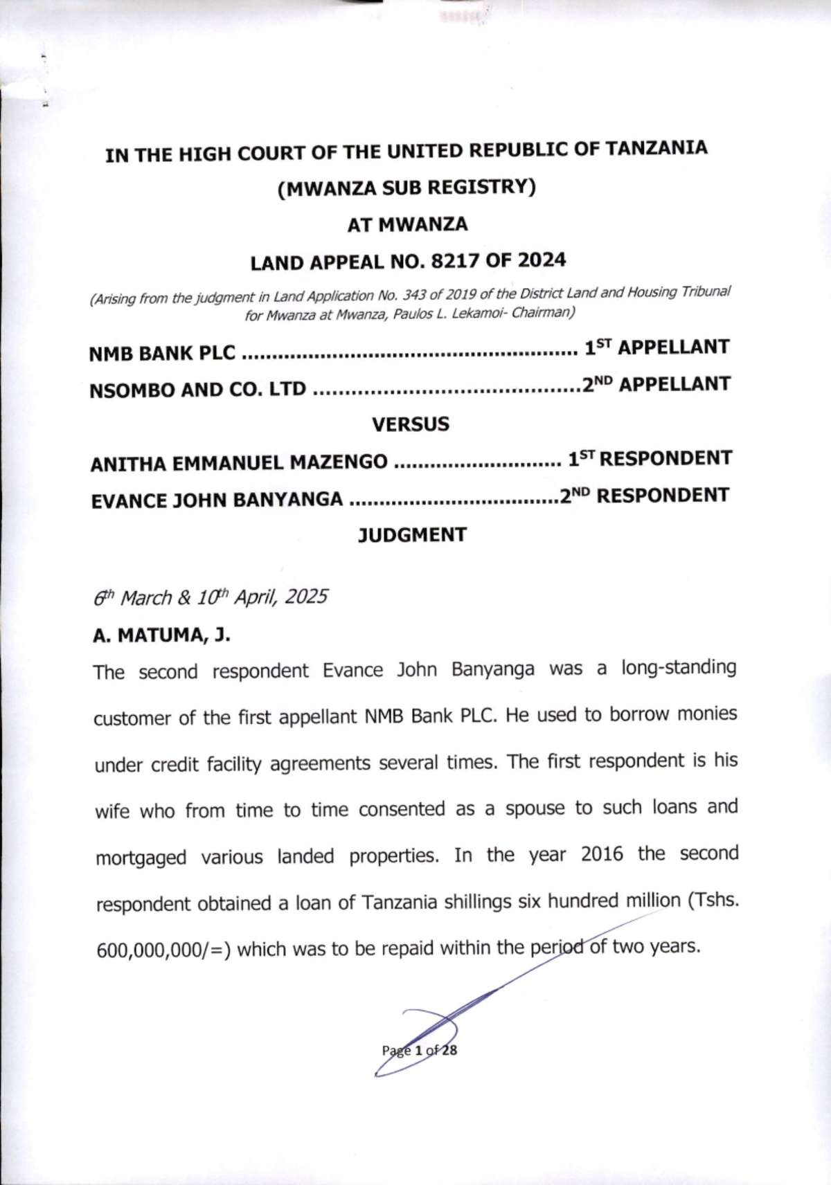 Matrimonial Home & Property Dispute: NMB Bank Plc vs Anitha Mazengo ...