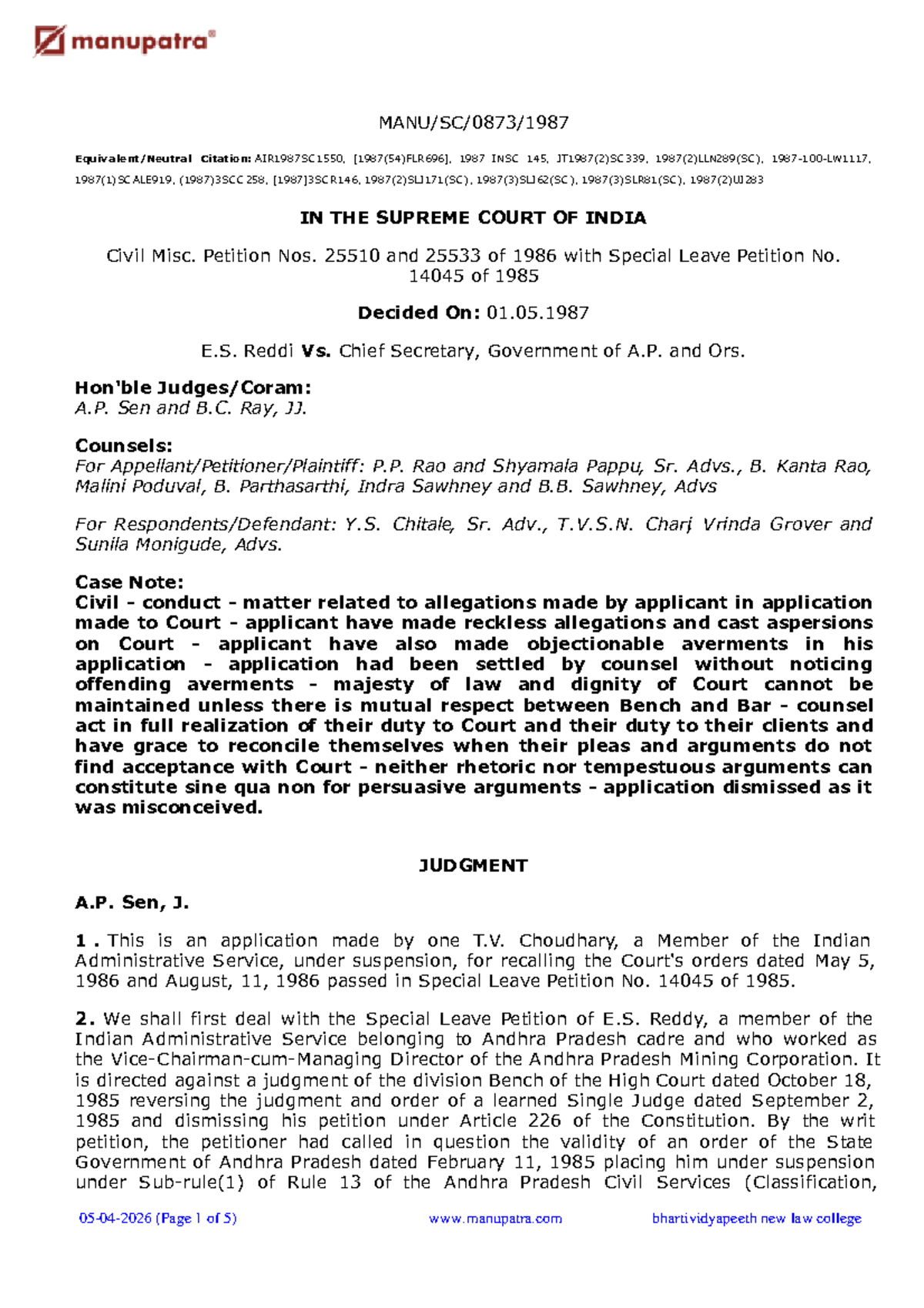 ES Reddi vs Chief Secretary, AP: Supreme Court Judgment Analysis - Studocu