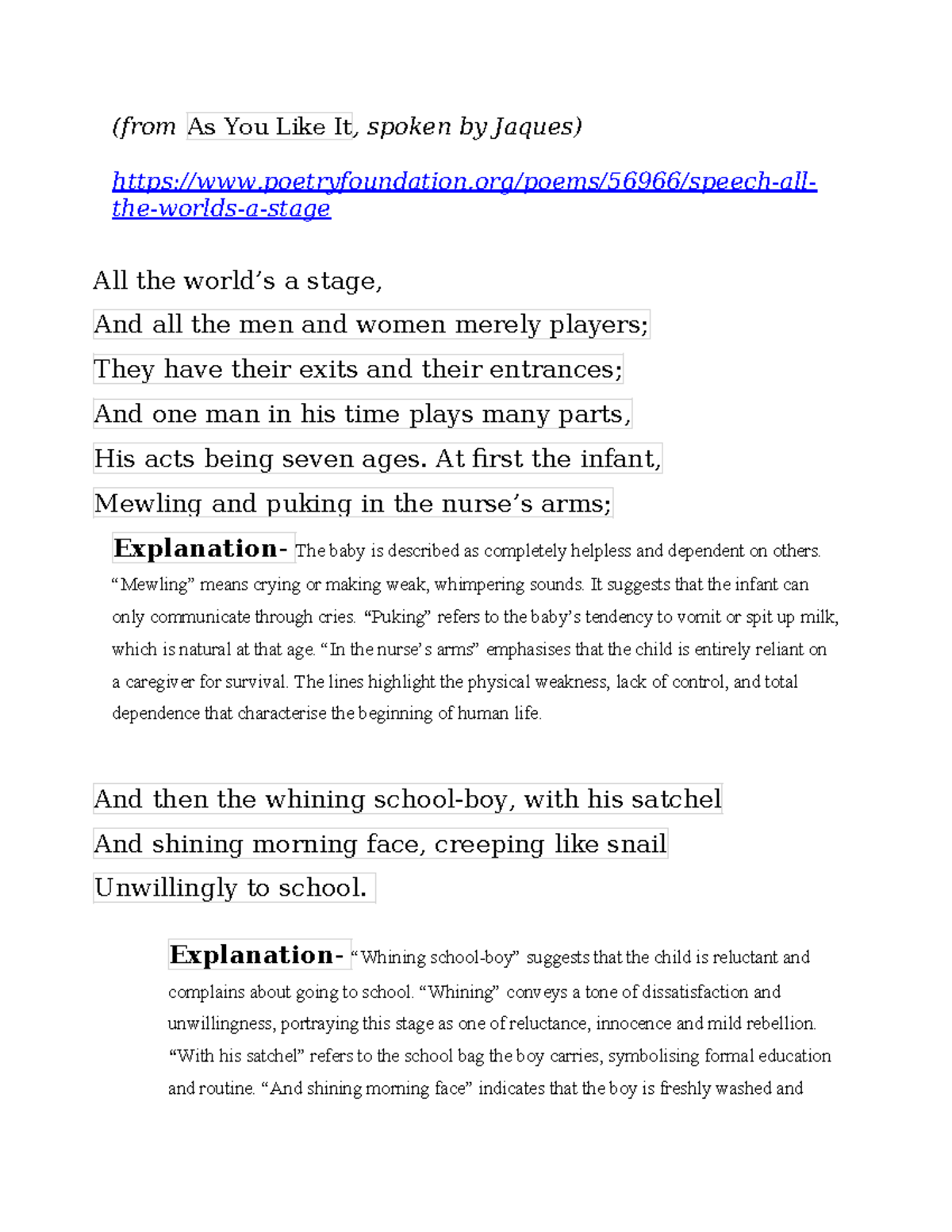 All the World's a Stage: Summary of Jaques' Monologue (ENG 101) - Studocu
