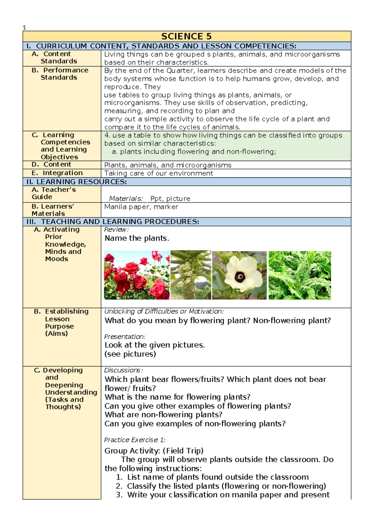 Science 5: Lesson on Classifying Living Things and Plants - Studocu