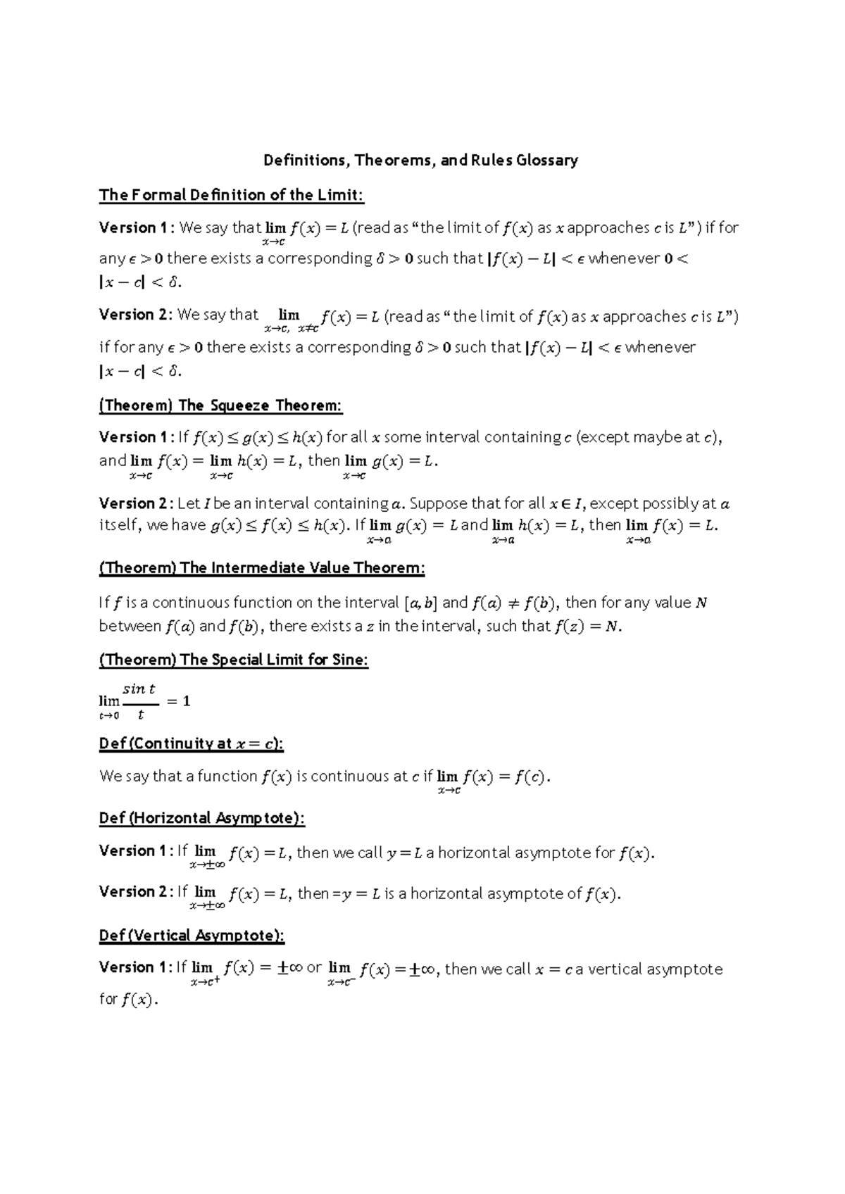 Definitions and Theorems Glossary for Limits and Continuity - Studocu