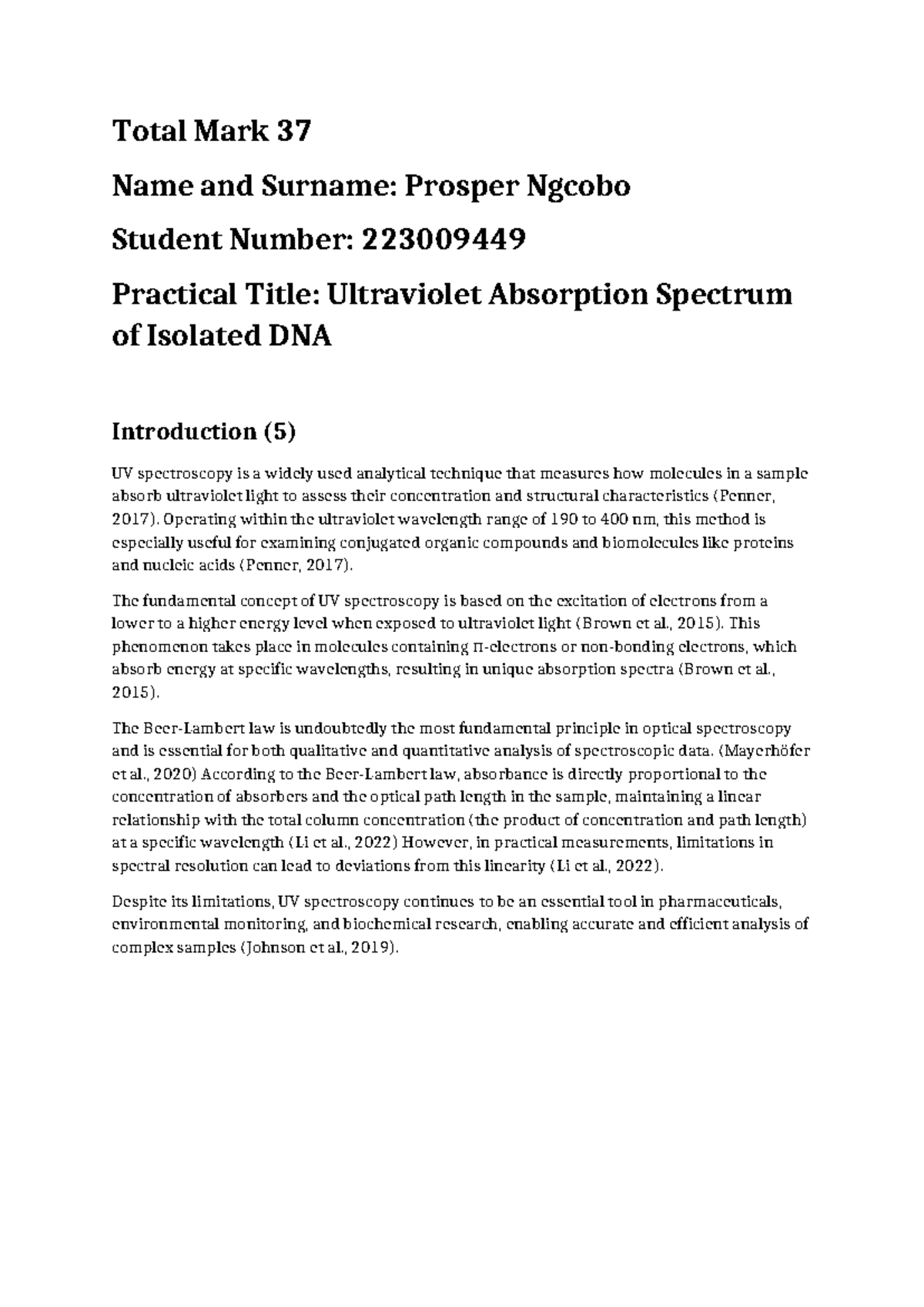 223009449 Ngcobo Practical Report: UV Absorption Spectrum of DNA - Studocu