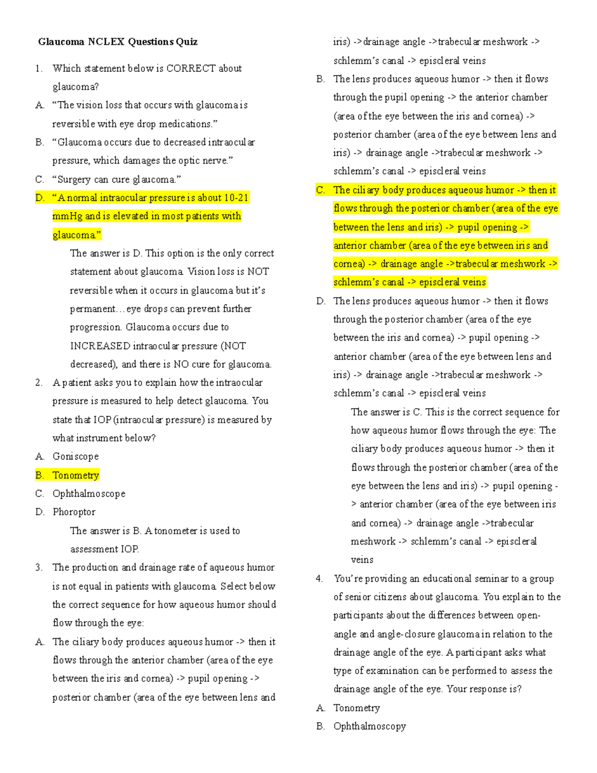 Medsurg 2ND SEM Finals - nnnmmmlll - Glaucoma NCLEX Questions Quiz 1 ...