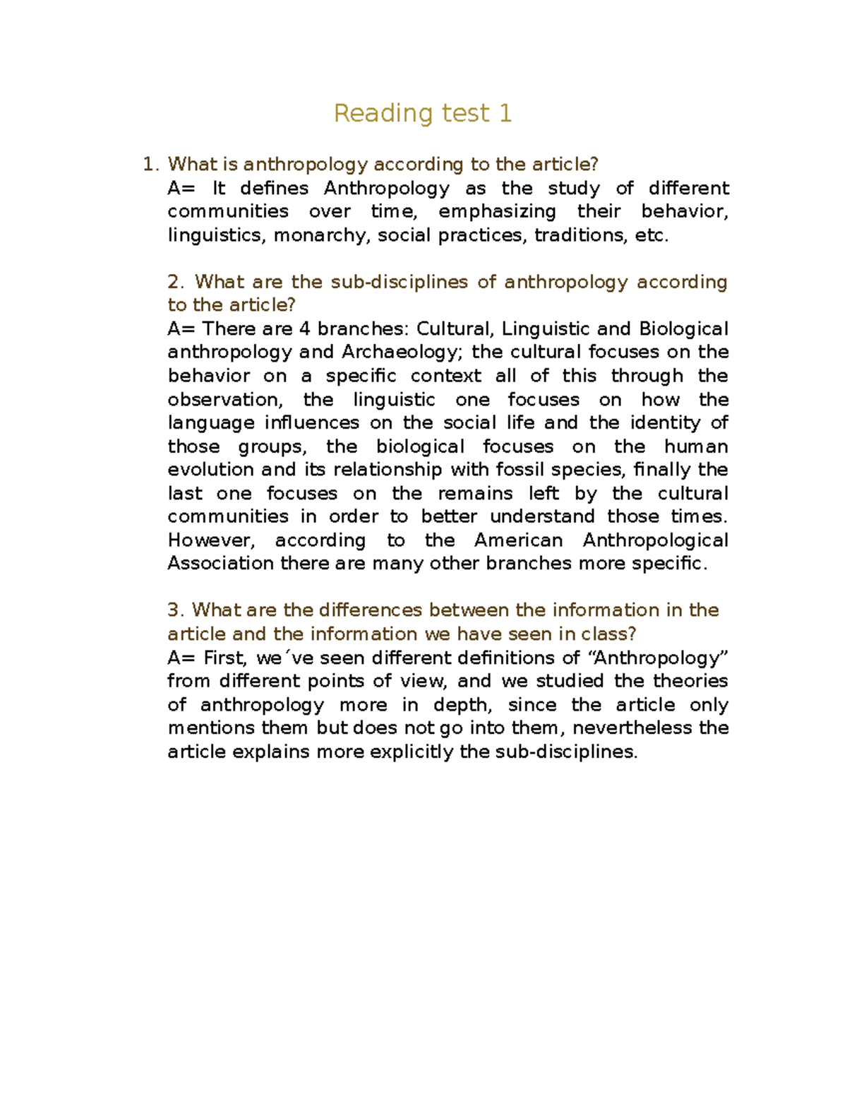 Anthropology Overview: Key Concepts and Branches - Reading Test 1 - Studocu