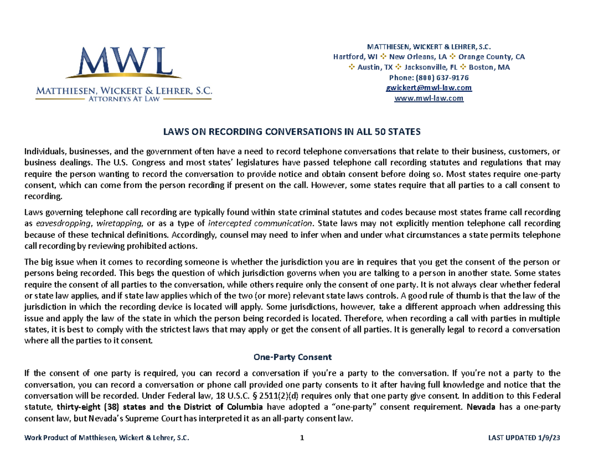 Recording Conversations: Consent Laws Across All 50 States Summary ...