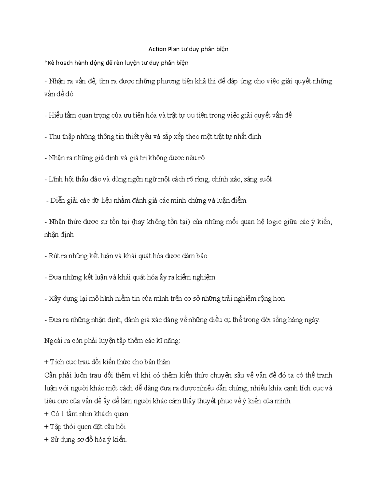 Action Plan tư duy phản biện - Acton Plan t ư duy ph n bi nả ệ *Kếế ho ch hành đ ng đạ ộ ể rèn ...