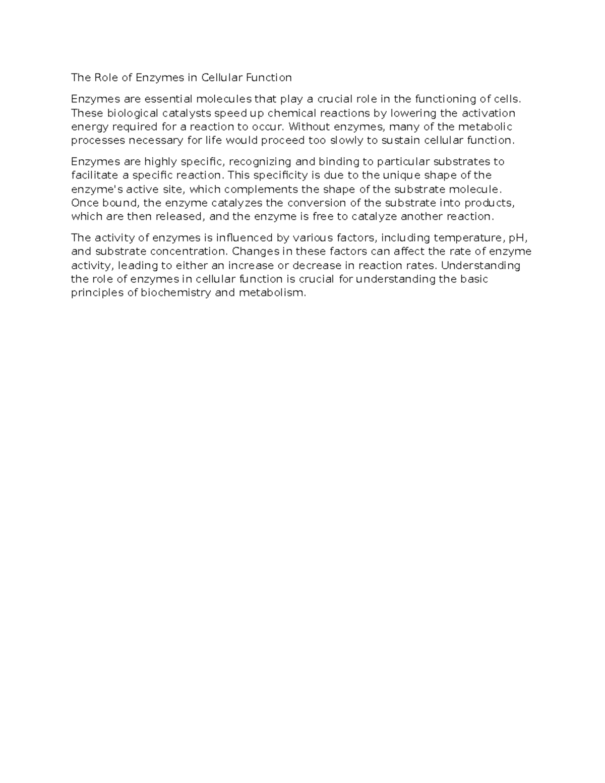The Role of Enzymes in Cellular Function (BIO 123) - Studocu