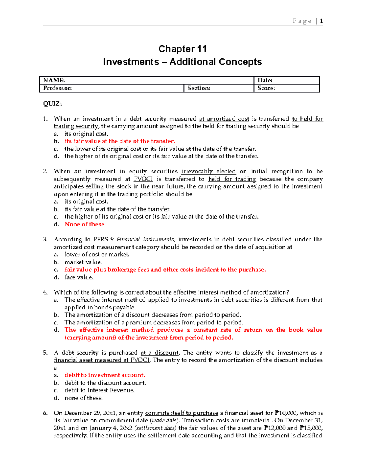 QUIZ: Chapter 11 - Additional Concepts in Investments (FIN101) - Studocu