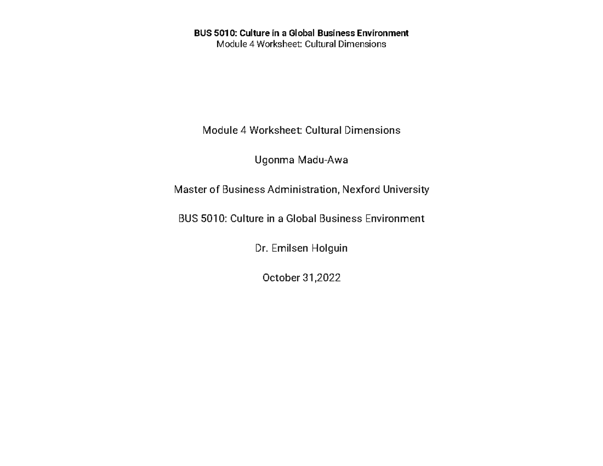 BUS 5010: Module 4 worksheet on cultural dimensions in global business ...