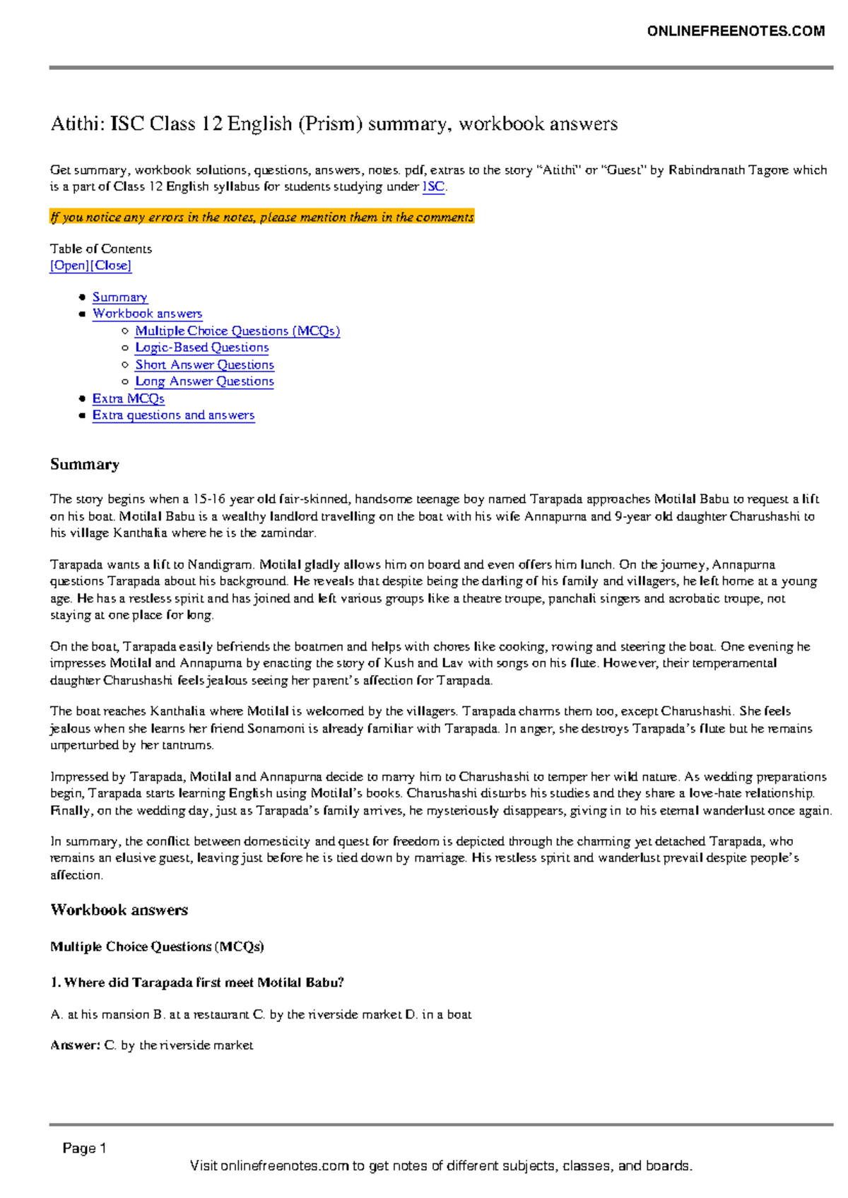 Atithi: ISC Class 12 English (Prism) Summary & Workbook Solutions - Studocu