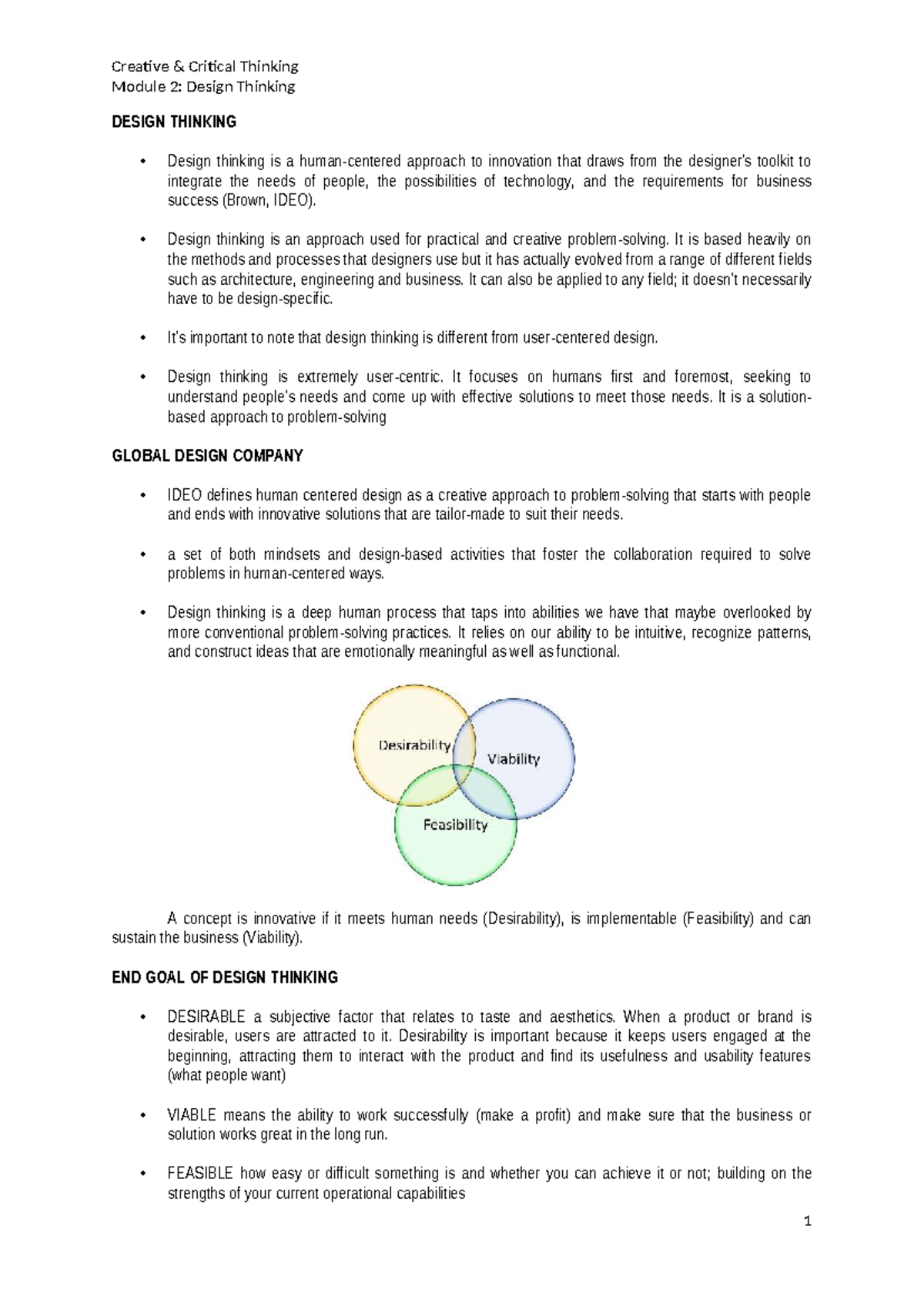 Creative Critical Thinking Module 2: Design Thinking Insights - Studocu
