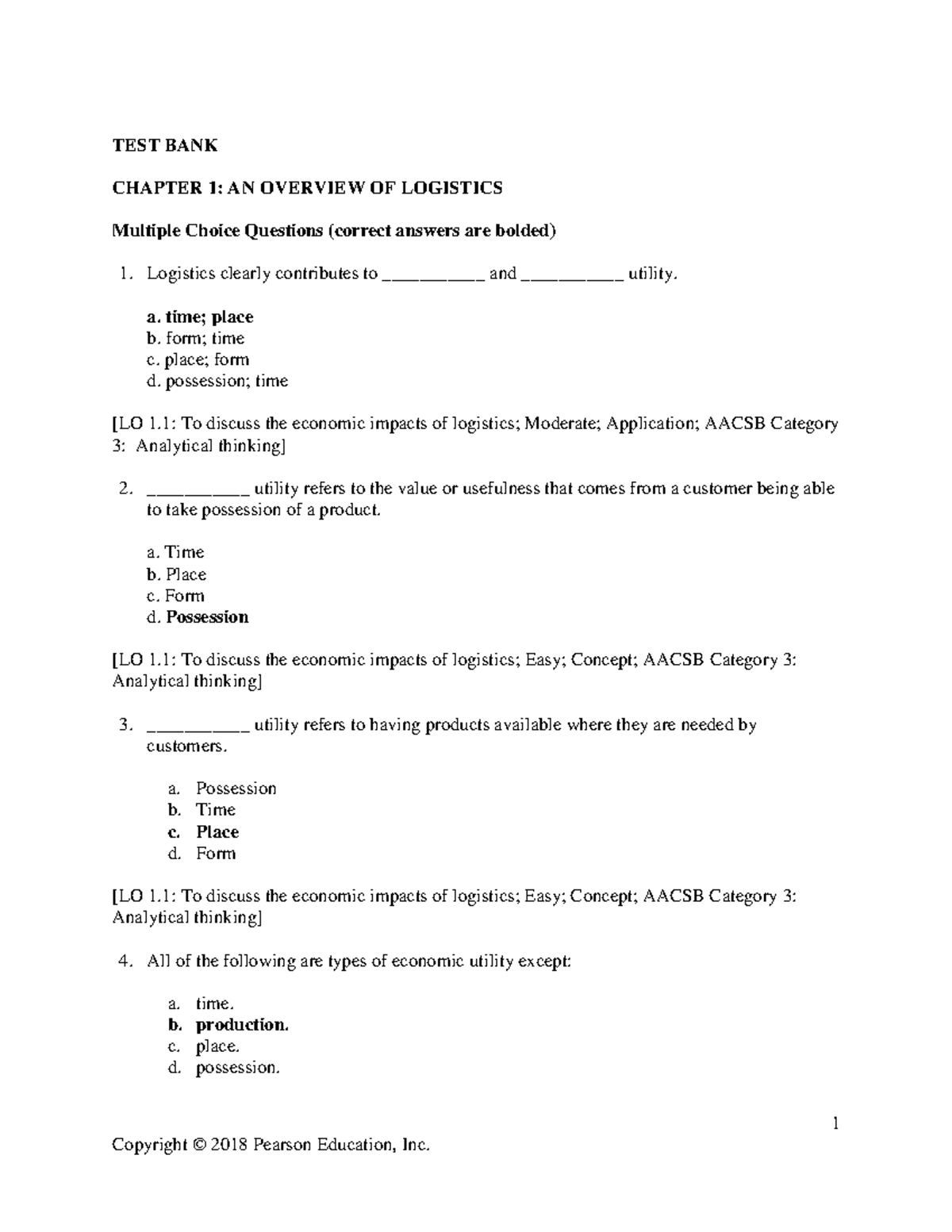 Logistics Overview: Test Bank for Chapter 1 - Insights and Questions ...
