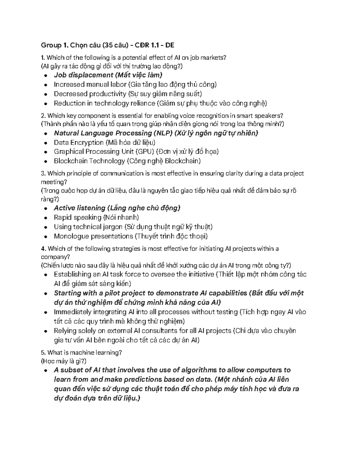 Ngân hàng câu hỏi song ngữ - Nhập môn KHDL và TTNT (CĐR 1.1 DE 1) - Studocu