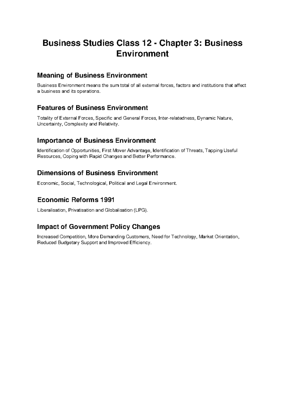 Business Studies Class 12: Chapter 3 - Business Environment Notes - Studocu