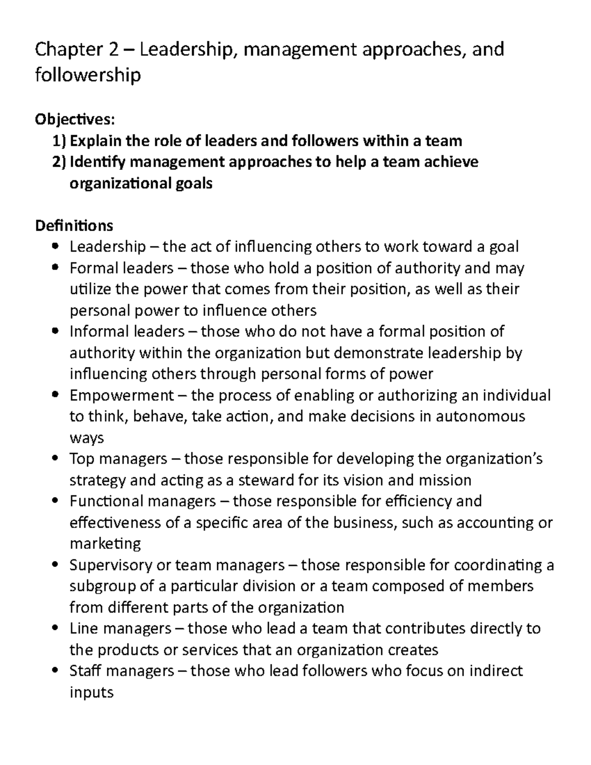 Leadership & Management Approaches - Chapter 2 Notes - Studocu
