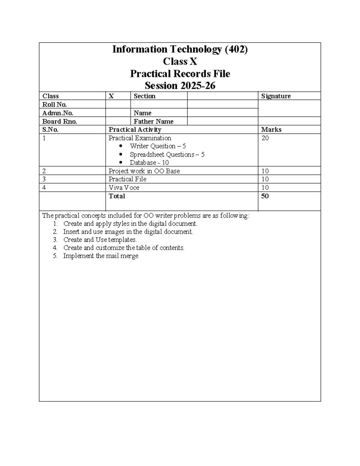 IT (402) Class X Practical Records and Activities Guide - Studocu