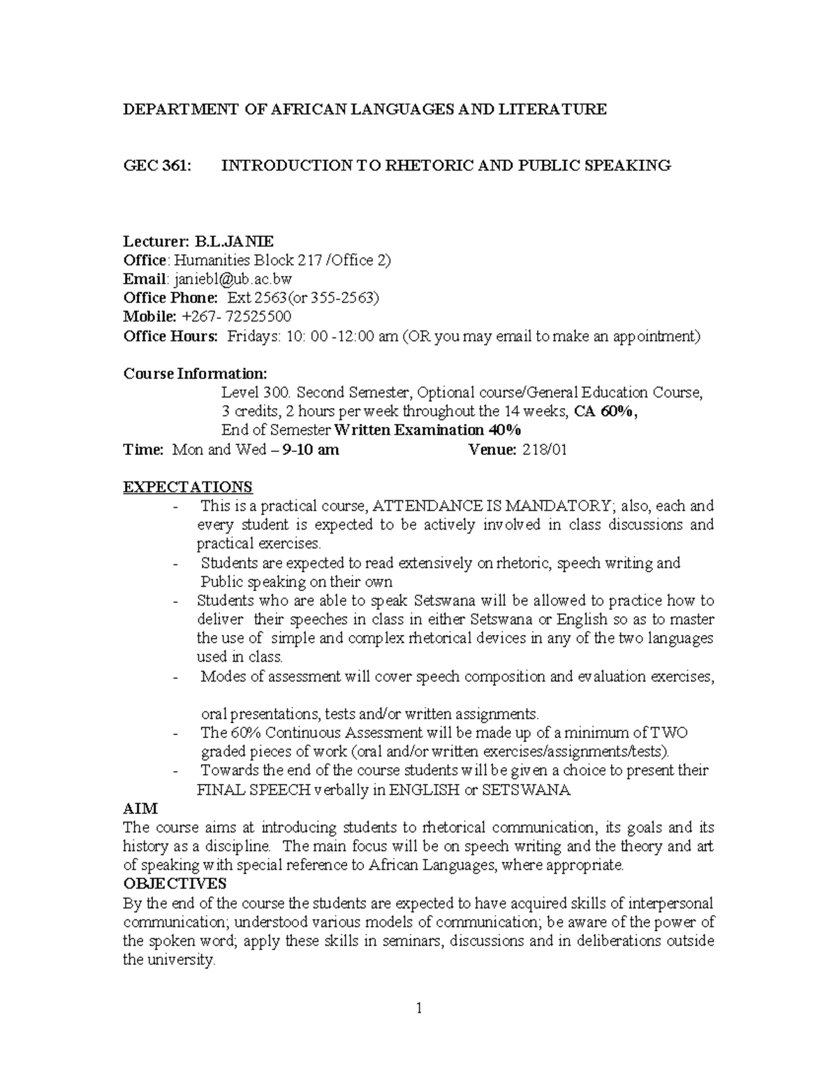 GEC 361: Introduction to Rhetoric & Public Speaking - Course Outline ...