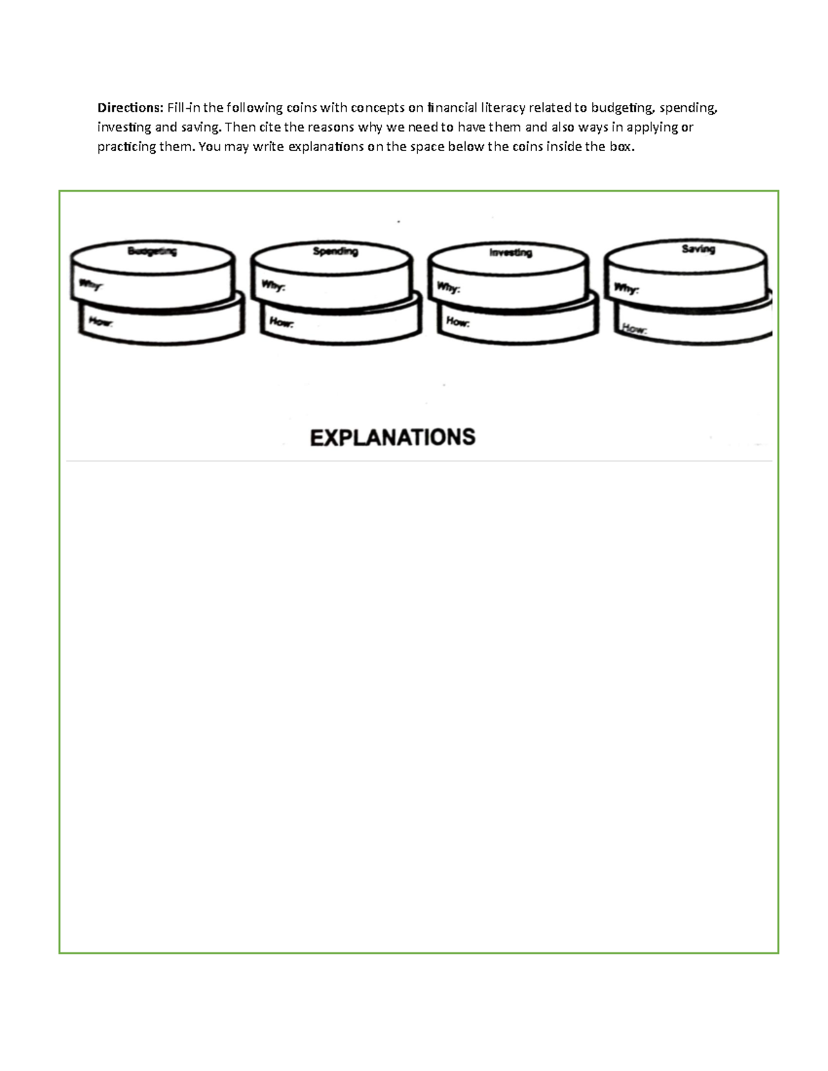 Financial literacy Reflection - Directions: Fill-in the following coins ...