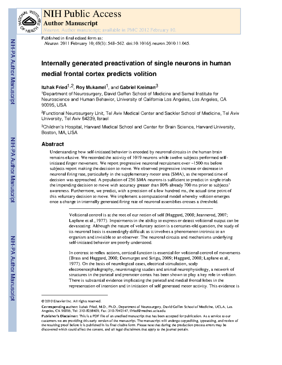 Neuron 2011: Predicting Volition via Neuronal Activity in SMA - Studocu