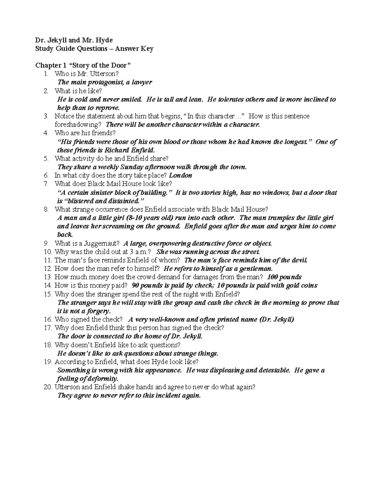 Dr. Jekyll and Mr. Hyde - Study Guide Questions & Answer Key (Chapters ...