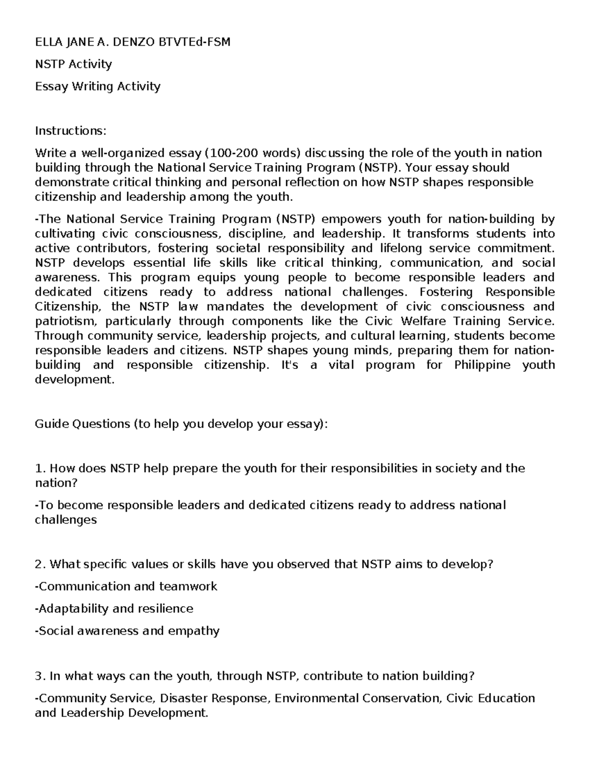 NSTP Activity Essay: Youth's Role in Nation Building - Studocu