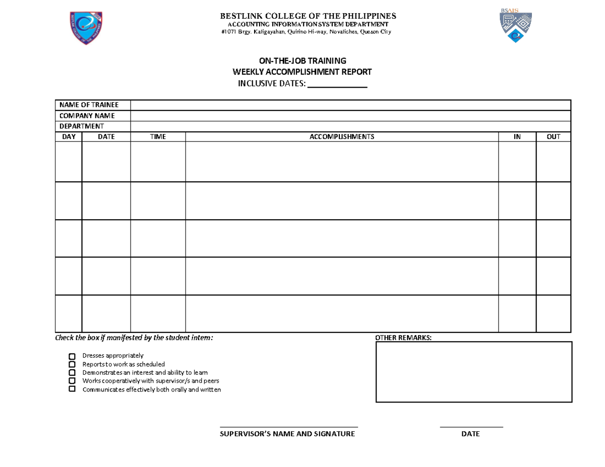 Bsais OJT Weekly Accomplishment Report - BESTLINK COLLEGE OF THE ...