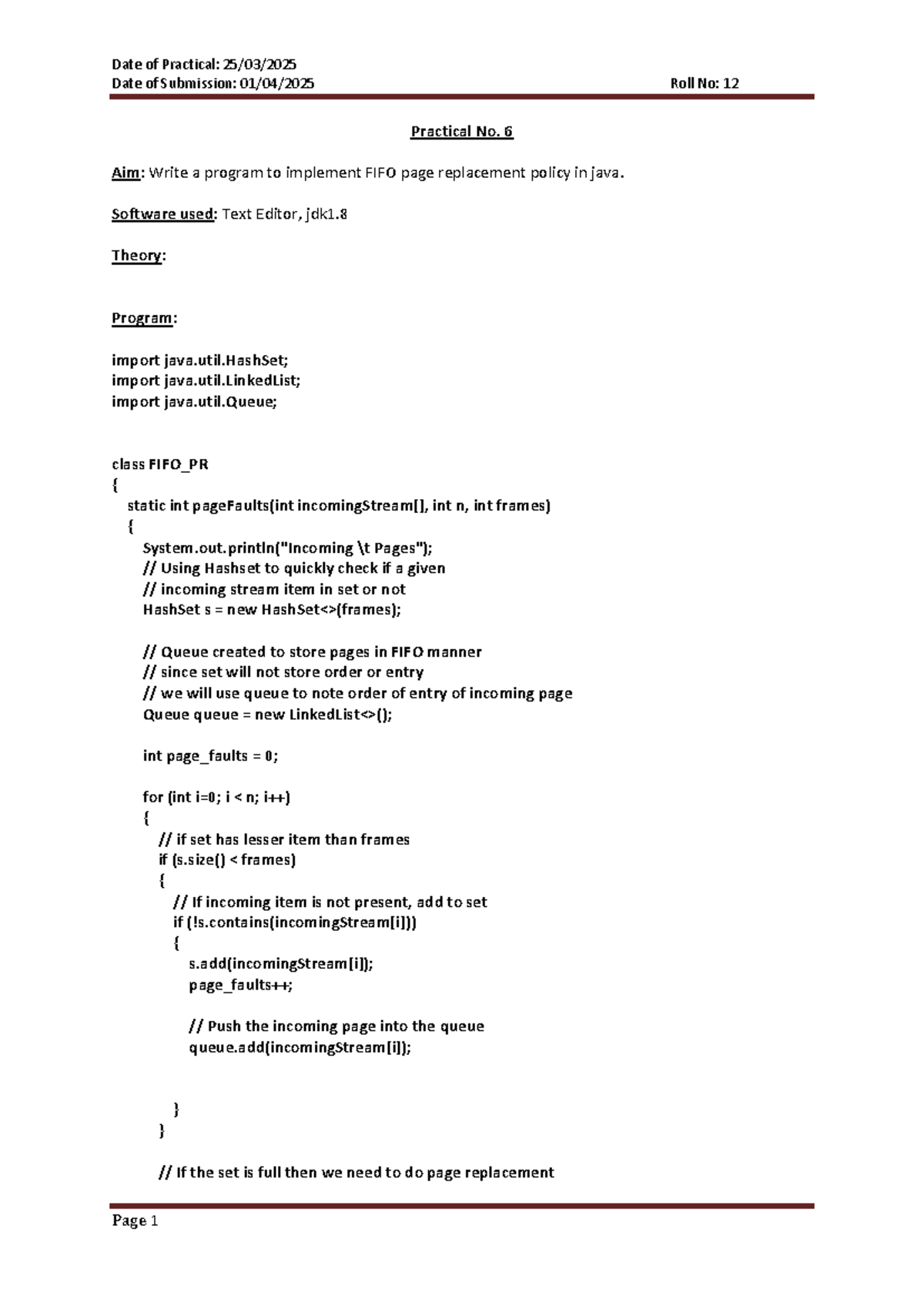 OS Practical No. 6: FIFO Page Replacement Implementation in Java - Studocu