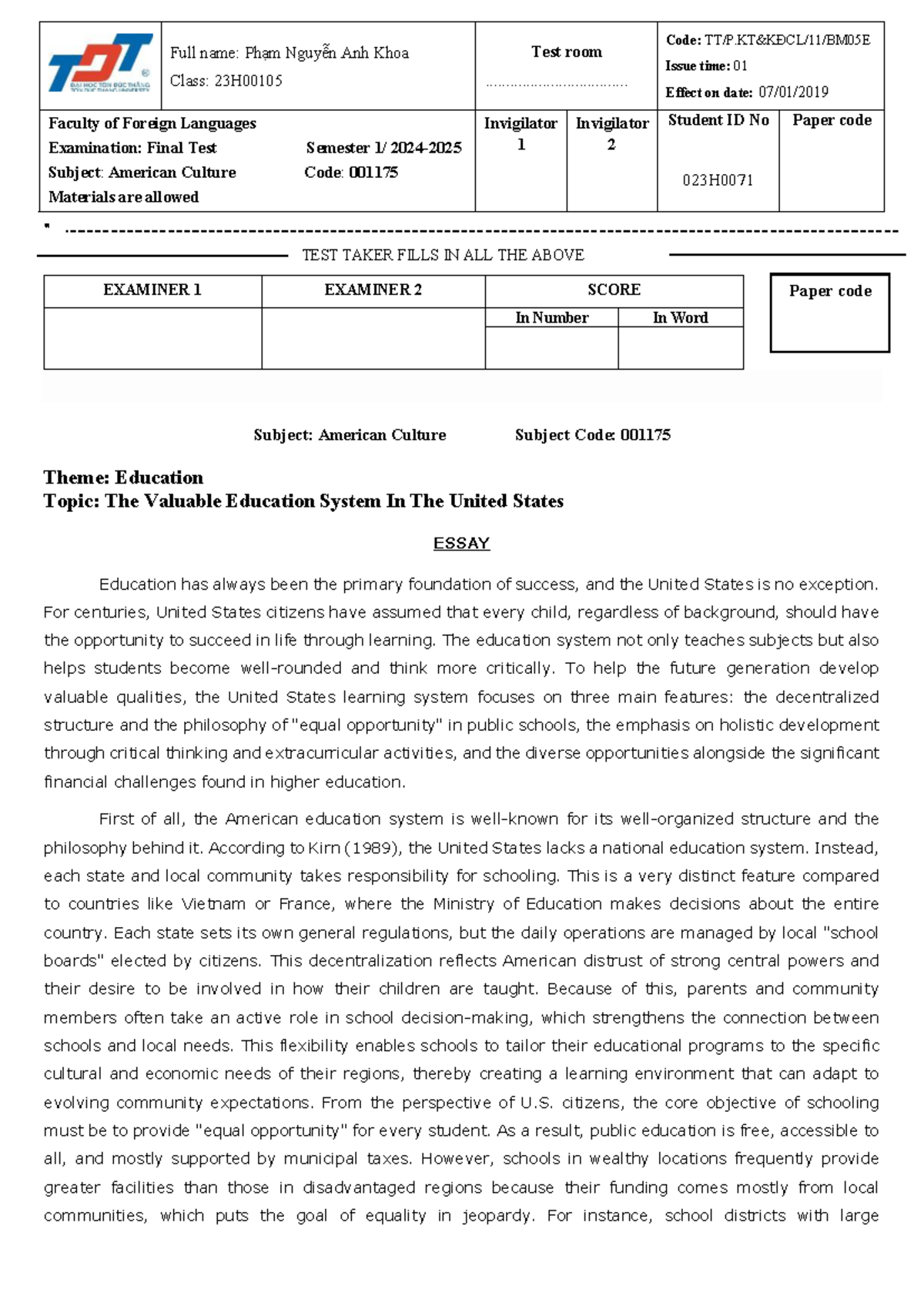 Final Exam Essay: The American Education System (Course Code: 001175 ...