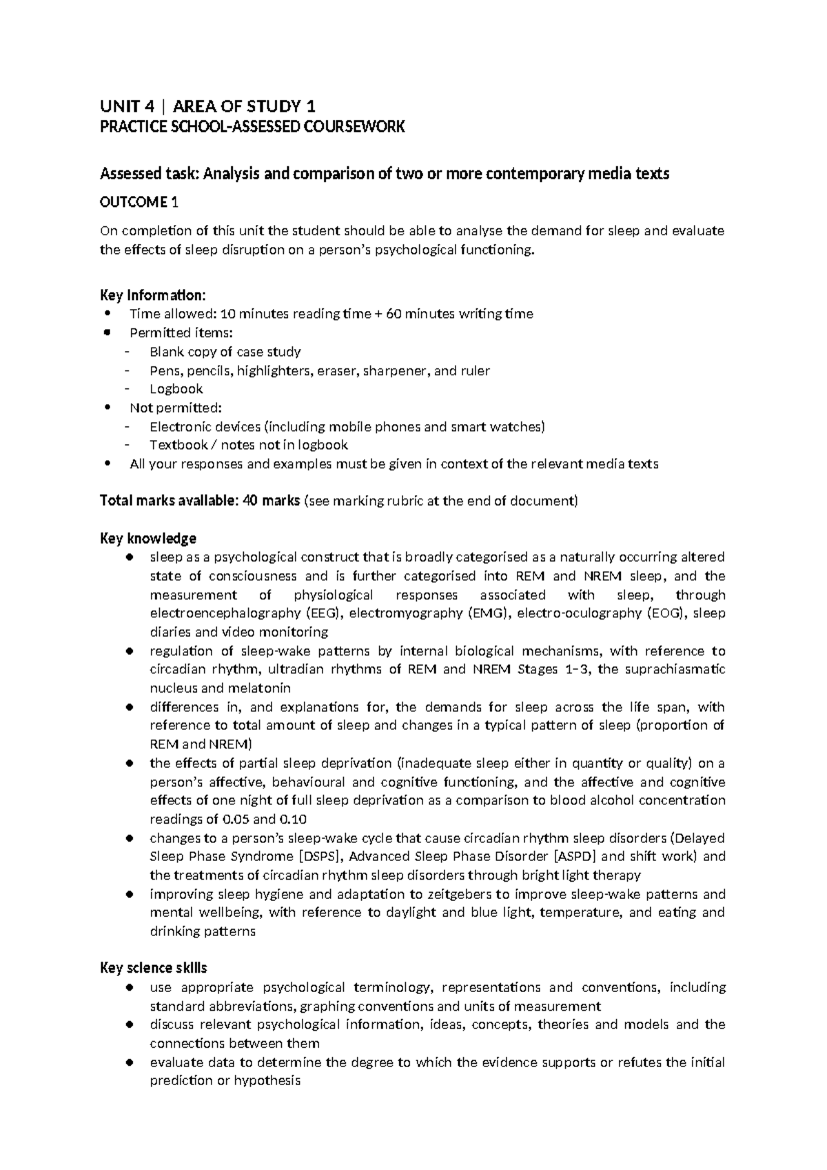 Unit 4 AOS 1 SAC: Sleep Analysis & Media Text Comparison Practice - Studocu