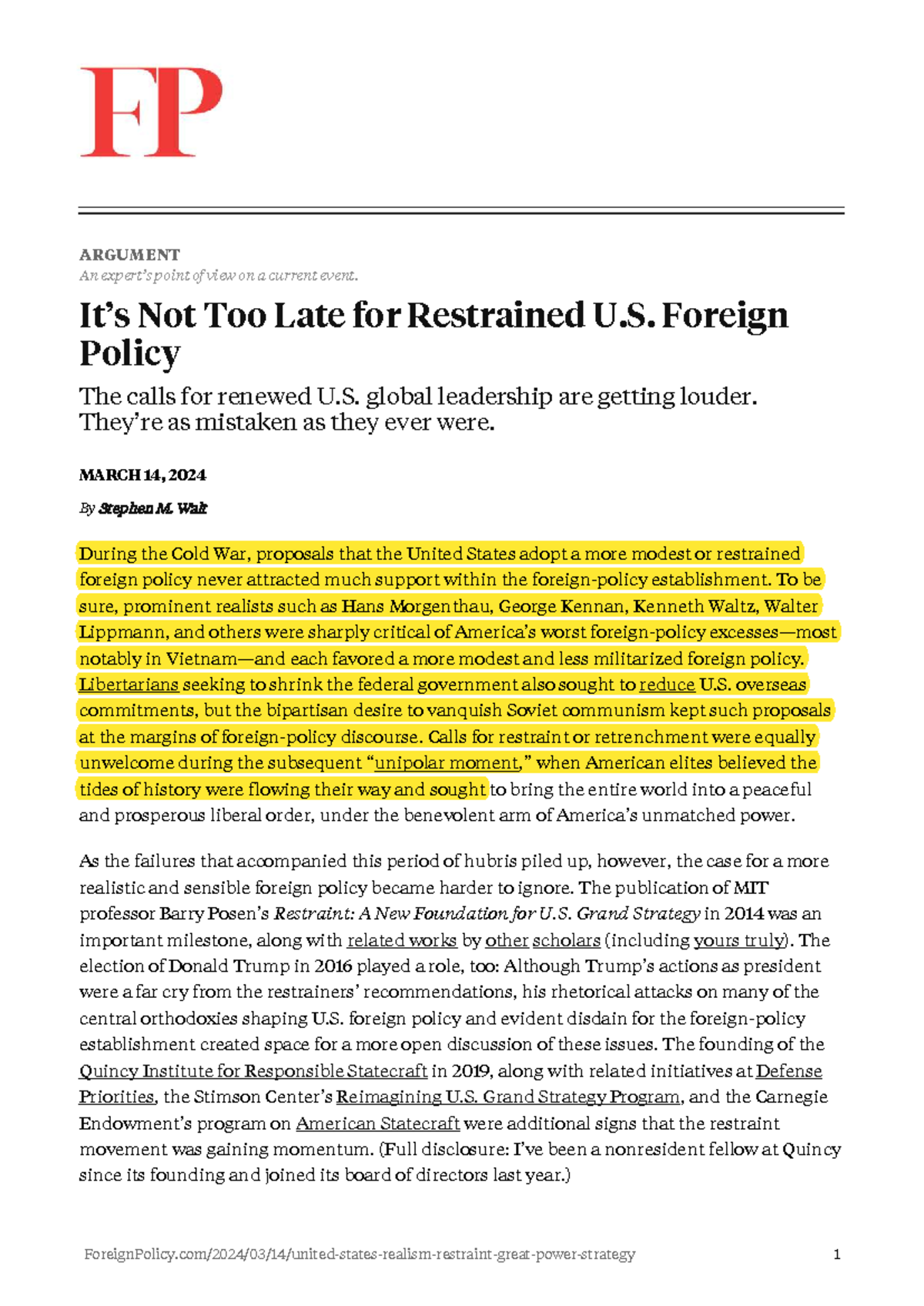 Evaluating U.S. Foreign Policy: Realism & Restraint in 2024 - Studocu