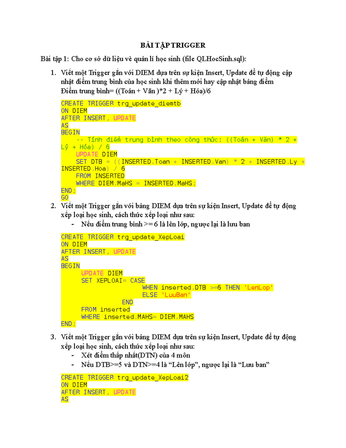 BÀI TẬP TRIGGER - Quản Lý Điểm và Xếp Loại Học Sinh - Studocu