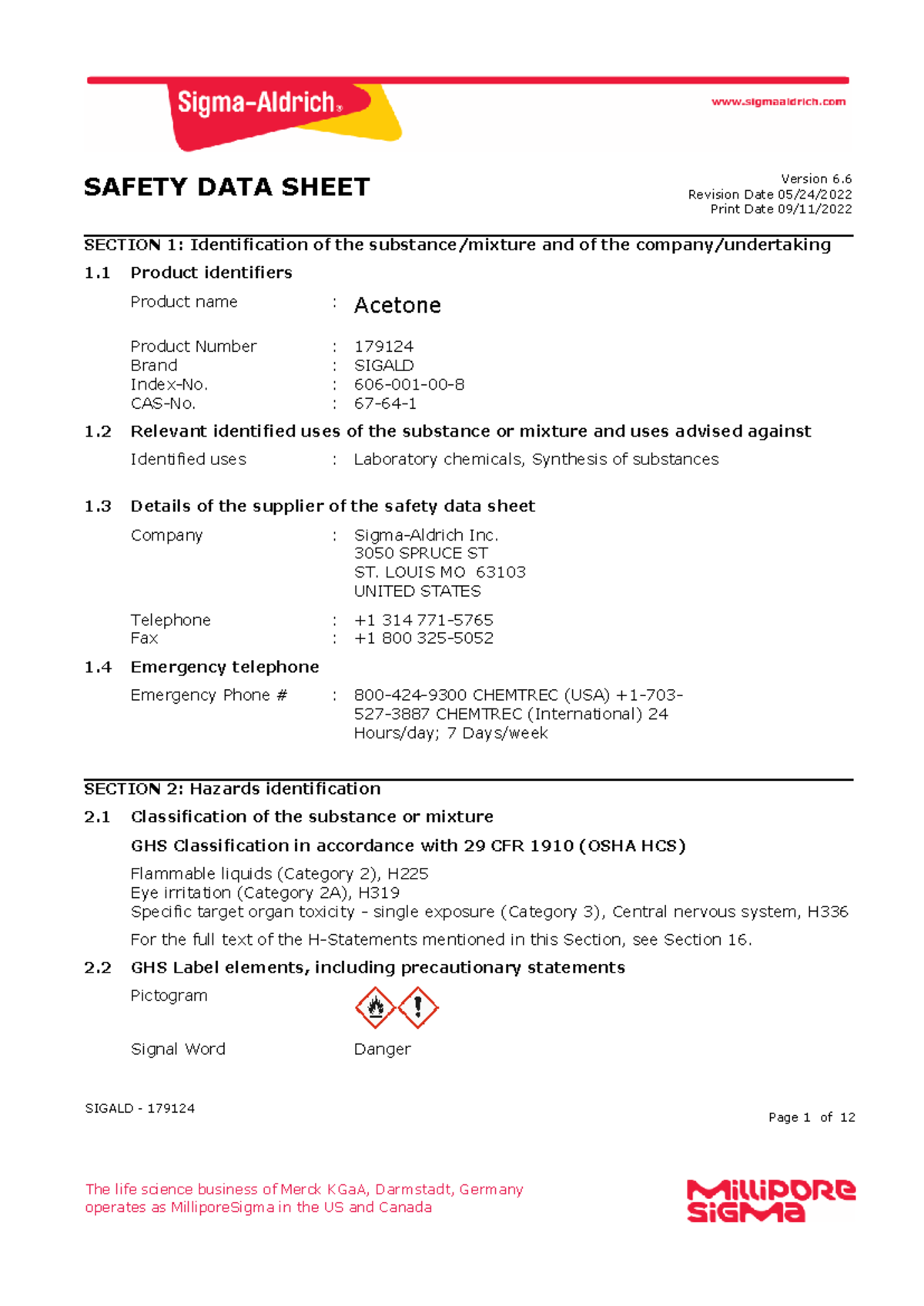 Acetone Safety Data Sheet (SDS) - SIGALD 179124 - Studocu