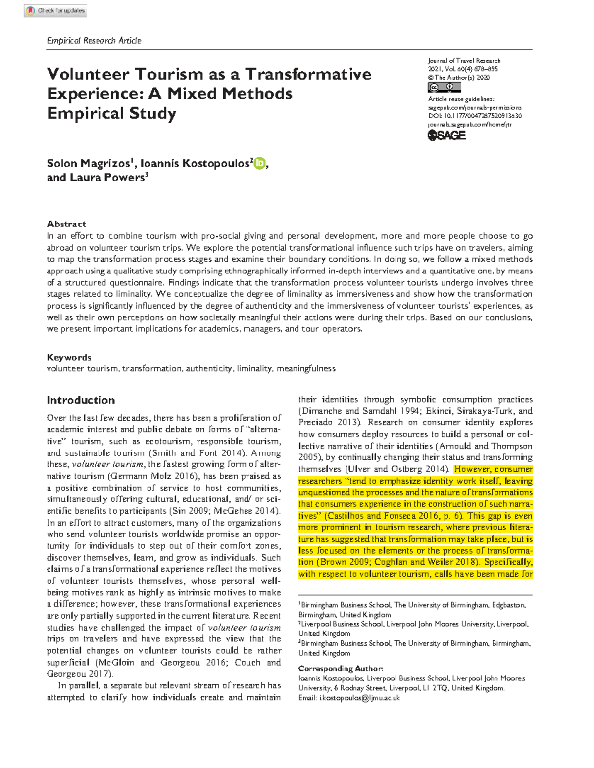 Magrizos et al. 2020: Volunteer Tourism as a Transformative Experience ...