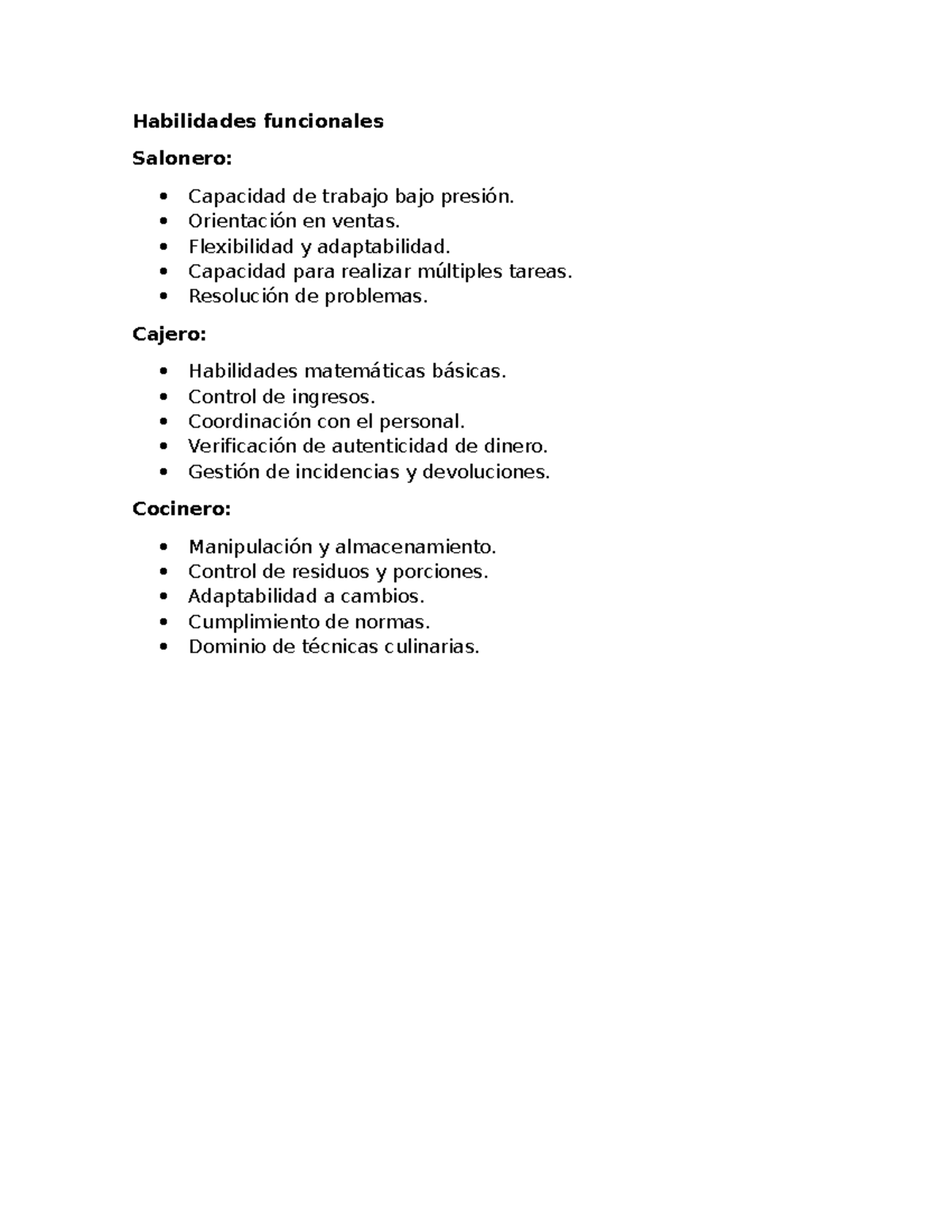 Habilidades funcionales - Habilidades funcionales Salonero: Capacidad ...