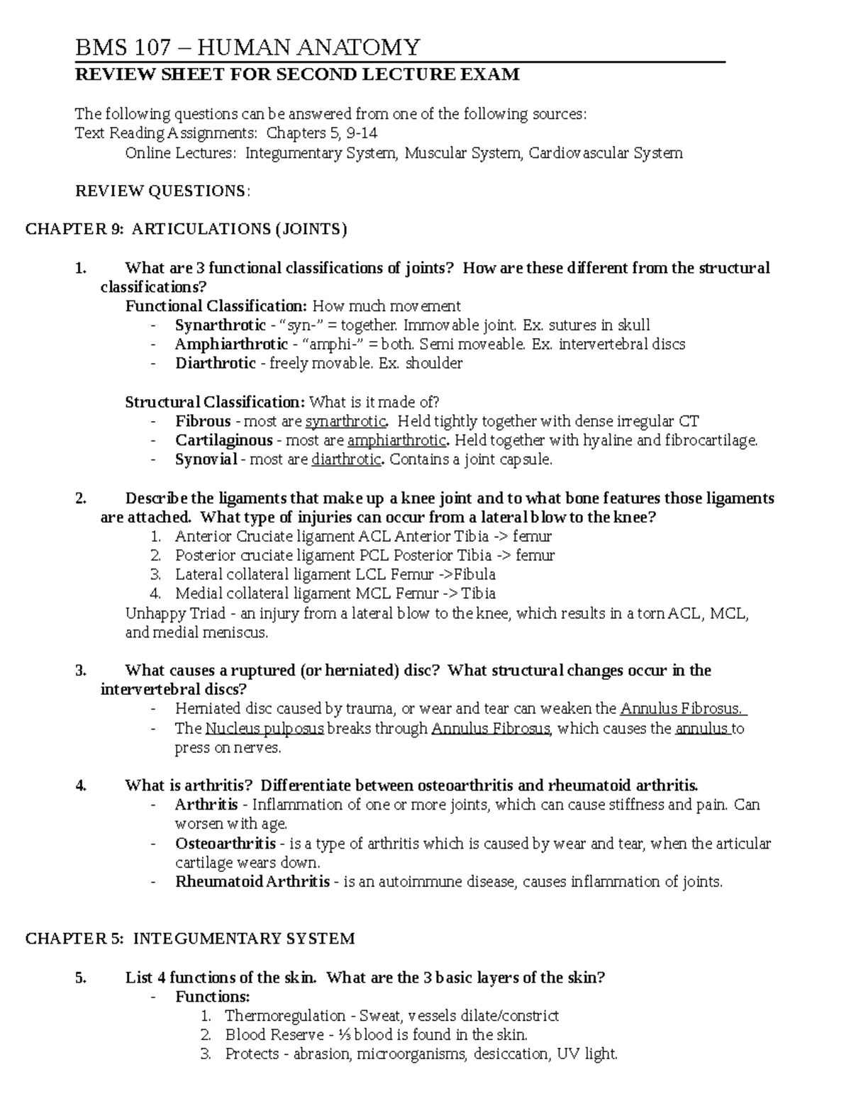 BMS 107 Final Exam Study Guide: Human Anatomy Review Sheet - Studocu