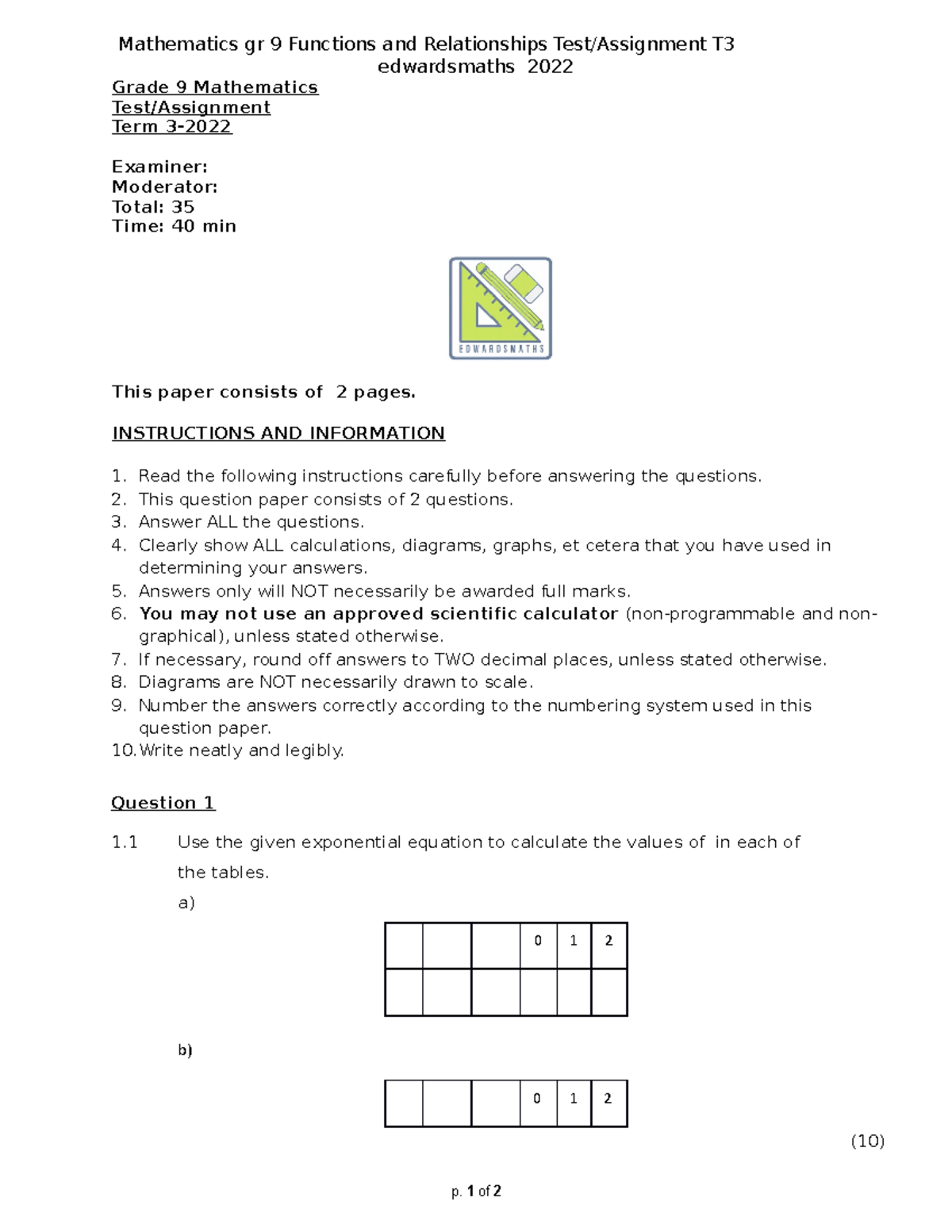 Gr 9 Math Functions & Relationships Test/Assignment T3 2022 Eng - Studocu