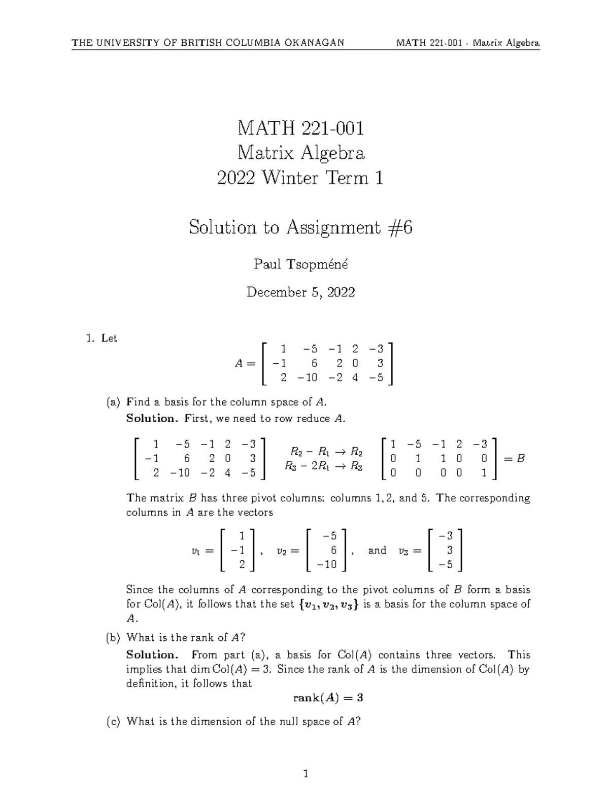 Solution 221 W2022-T1 Assignment #6 - MATH 221- Matrix Algebra 2022 ...