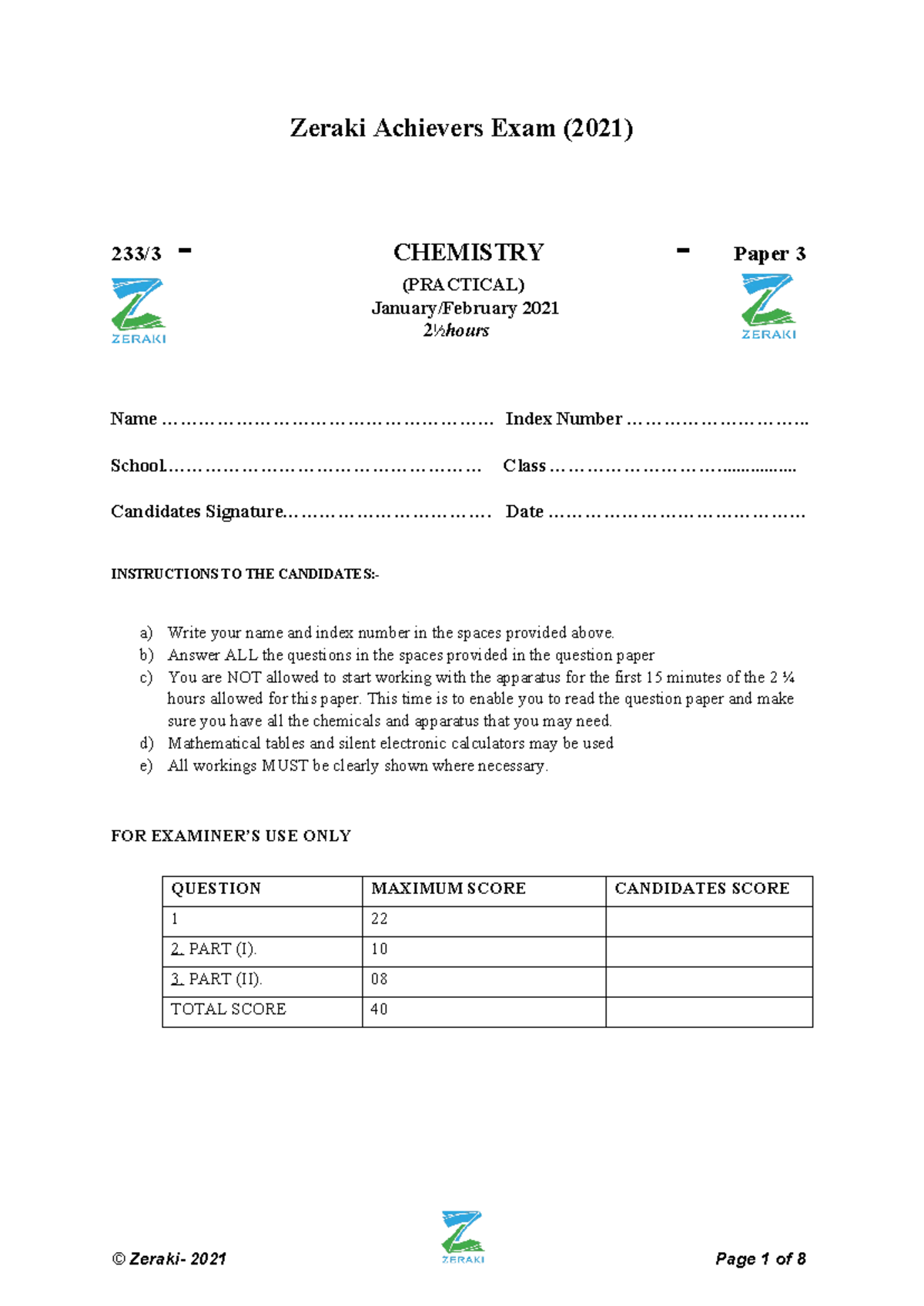 Chemistry Form 3 Paper 3 Confidential Report - Zeraki Achievers 1 ...
