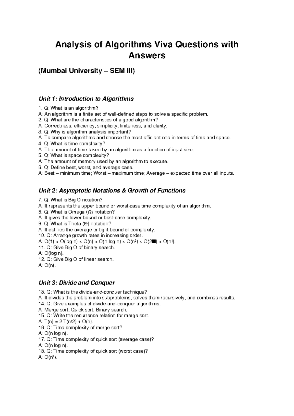 Analysis of Algorithms Viva Questions & Answers (MU SEM Unit 1) - Studocu