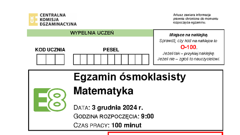 Egzamin ósmoklasisty z Matematyki - OMAP 100 X 2412 - Studocu