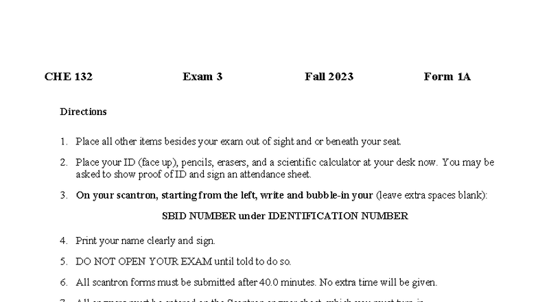 CHE 132 Exam 3 Fall 2023 Form 1A Instructions and Equations - Studocu