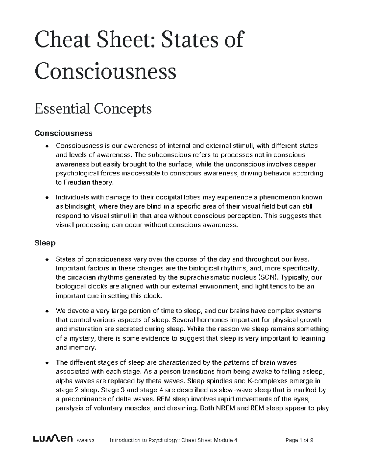 Introduction to Psychology: Cheat Sheet on Sleep & Consciousness ...