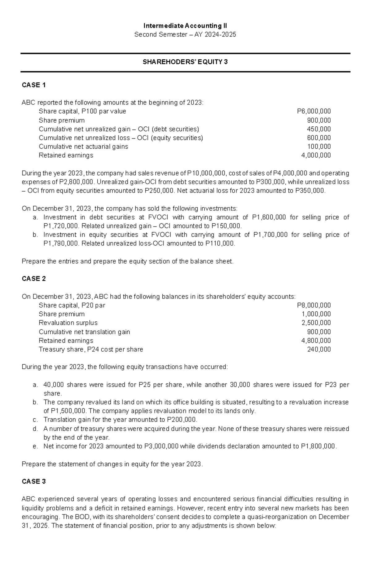 Intermediate Accounting II (EQUITY 3) Case Study Analysis - Studocu