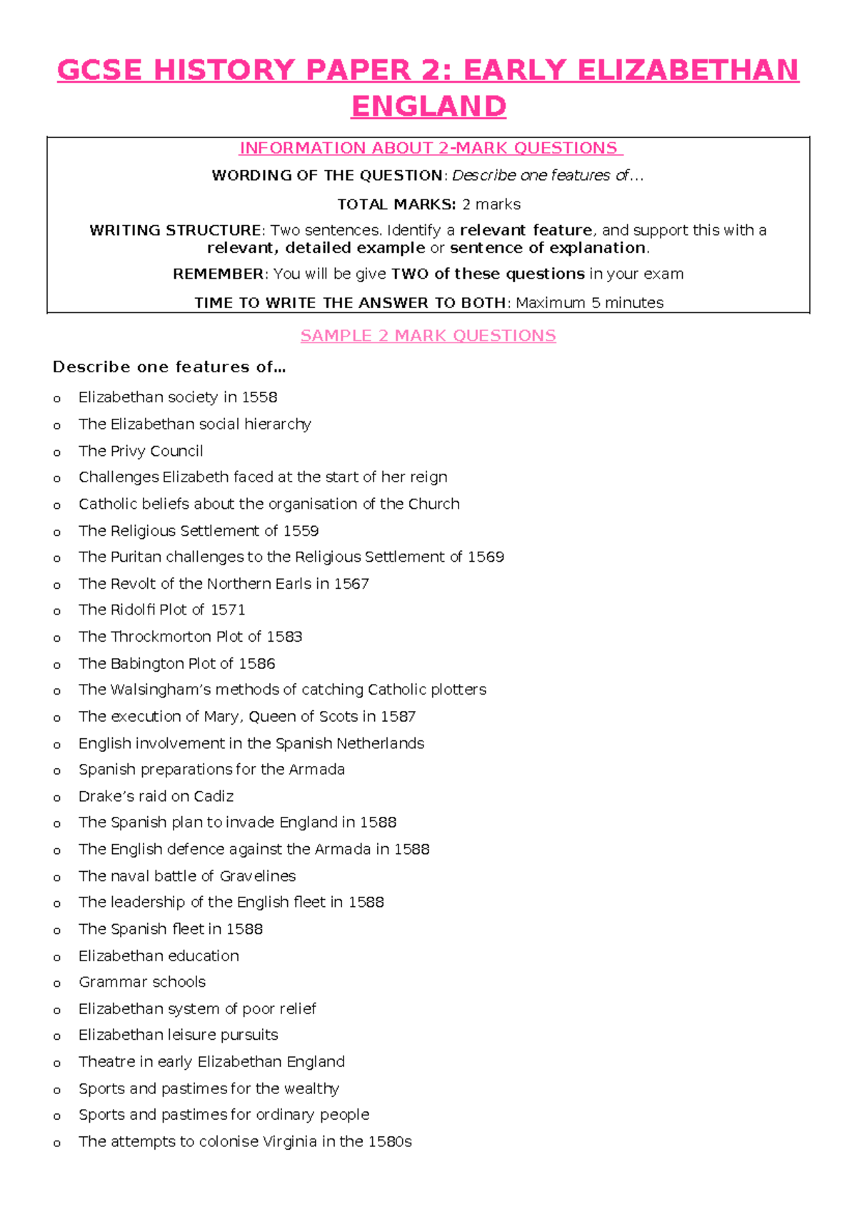 GCSE History Paper 2: Early Elizabethan England Exam Questions - Studocu